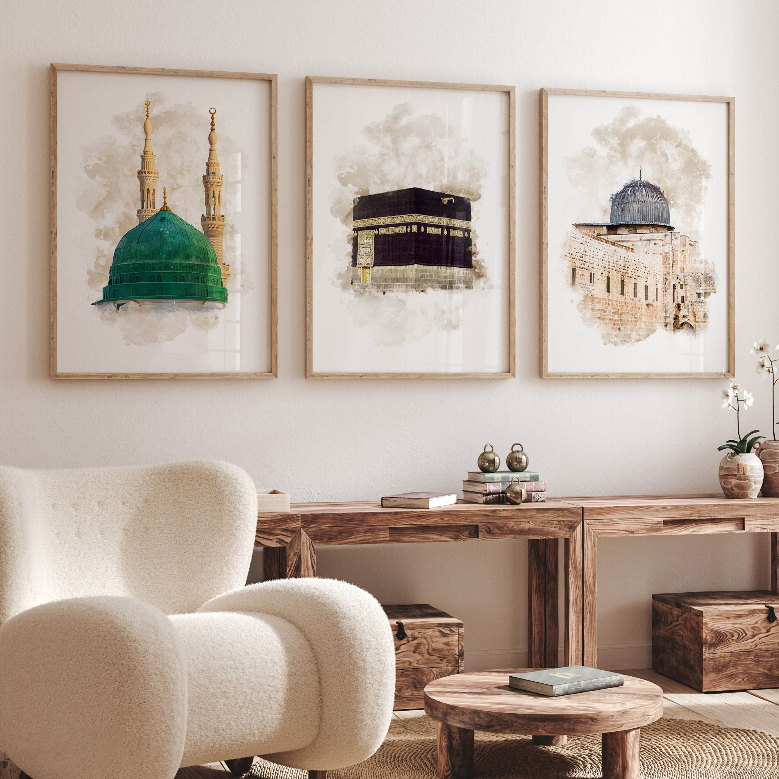 3-Piece Islamic Poster Set - Watercolor Kaaba, Aqsa, Nabawi - Islamic ...